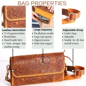 Handmade Small Crossbody Shoulder Bag for Women, Cellphone Bags Adjustable Strap, Leather Card Holder Wallet Purse and Handbags With Zipper Coin Clutch for Teen Girls Bags (Carved Camel)