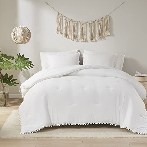 Codi White Boho Queen Comforter Set, Aesthetic Luxurious Pom Fringe Design Bedding Full, Cute Soft Washed Microfiber Bed Sets, Lightweight Chic 3pcs,1 Comforter & 2 Pillowcases (90x90 Inches)