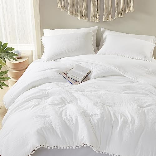 Codi White Boho Queen Comforter Set, Aesthetic Luxurious Pom Fringe Design Bedding Full, Cute Soft Washed Microfiber Bed Sets, Lightweight Chic 3pcs,1 Comforter & 2 Pillowcases (90x90 Inches)