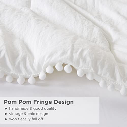 Codi White Boho Queen Comforter Set, Aesthetic Luxurious Pom Fringe Design Bedding Full, Cute Soft Washed Microfiber Bed Sets, Lightweight Chic 3pcs,1 Comforter & 2 Pillowcases (90x90 Inches)