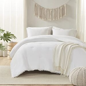 Codi White Boho Queen Comforter Set, Aesthetic Luxurious Pom Fringe Design Bedding Full, Cute Soft Washed Microfiber Bed Sets, Lightweight Chic 3pcs,1 Comforter & 2 Pillowcases (90x90 Inches)