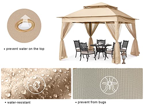 MASTERCANOPY Patio Gazebo Outdoor Pop Up Gazebo with Mesh Walls (11x11, Khaki)