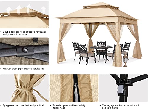 MASTERCANOPY Patio Gazebo Outdoor Pop Up Gazebo with Mesh Walls (11x11, Khaki)