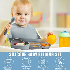 15 Pcs Baby Led Weaning Supplies, Silicone Baby Feeding Set, Suction Bowl Divided Plate with Suction Adjustable Bib Soft Spoon Fork, Infant Baby Toddler Self Eating Utensil (Blue, Green, Gray)