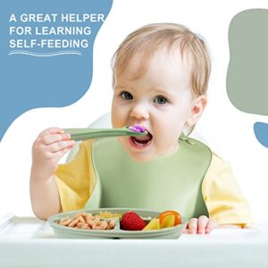 15 Pcs Baby Led Weaning Supplies, Silicone Baby Feeding Set, Suction Bowl Divided Plate with Suction Adjustable Bib Soft Spoon Fork, Infant Baby Toddler Self Eating Utensil (Blue, Green, Gray)