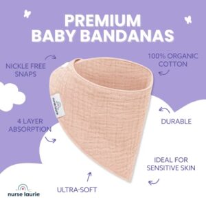 Nurse Laurie Organic Muslin Bandana Bibs - Neutral & Unisex Boho Baby Style with 100% Organic Cotton, Snap Closure, 0-6 mo - Drool/Spit Up Burpy Bib for Teething Newborns & Infants (8 Pack)