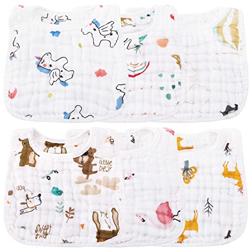 HOPMORED 6Pcs Snap Muslin Bibs,Muslin Cotton Bibs for Baby,Adjustable Snap Bibs,8 Absorbent Layers Soft Baby Bibs for Infants Newborns Babys Toddlers (Animal-pattern)