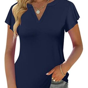 Leafsay Womens Summer Tops V Neck Ruffle Short Sleeve Tshirts Casual Tunic Tops Business Blouses for Women Navy Blue