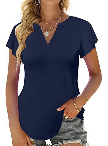 Leafsay Womens Summer Tops V Neck Ruffle Short Sleeve Tshirts Casual Tunic Tops Business Blouses for Women Navy Blue