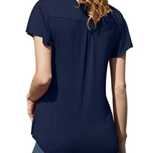 Leafsay Womens Summer Tops V Neck Ruffle Short Sleeve Tshirts Casual Tunic Tops Business Blouses for Women Navy Blue