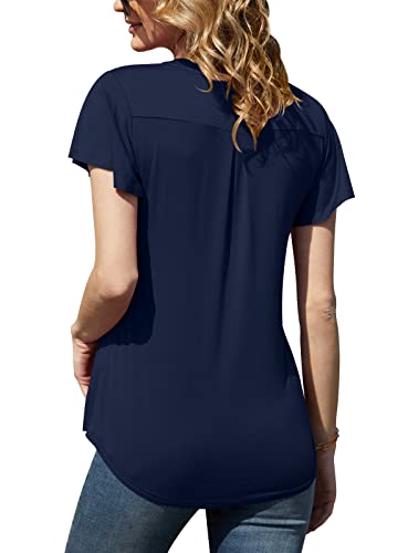 Leafsay Womens Summer Tops V Neck Ruffle Short Sleeve Tshirts Casual Tunic Tops Business Blouses for Women Navy Blue