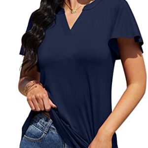 Leafsay Womens Summer Tops V Neck Ruffle Short Sleeve Tshirts Casual Tunic Tops Business Blouses for Women Navy Blue