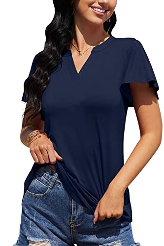 Leafsay Womens Summer Tops V Neck Ruffle Short Sleeve Tshirts Casual Tunic Tops Business Blouses for Women Navy Blue