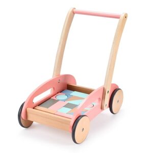 childlike behavior premium wooden baby walker - baby push walker with wheels - walker for baby boy & girls - push toy with building blocks for babies, toddler kids - car cart learning step walking