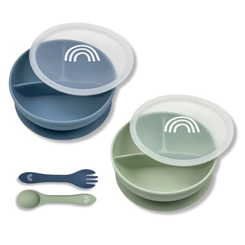 Hippypotamus Suction Bowls with Lids & Utensils - Baby & Toddler - 100% Food-Grade Silicone Divided Bowls - BPA Free - Dishwasher Safe - Set of 2 (Sage/Fog)