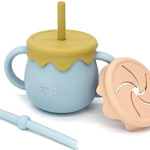 teensy peepsy Honeypot 100% Silicone Baby Training Cup, 2-in-1 Toddler Sippy Cup with Straw & Snack Cup Lid, 8.5 oz Drinking Cup for Babies 6 Months+, Toddler Smoothie Cup (Honey Jar Blue)