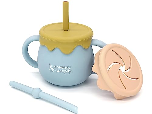 teensy peepsy Honeypot 100% Silicone Baby Training Cup, 2-in-1 Toddler Sippy Cup with Straw & Snack Cup Lid, 8.5 oz Drinking Cup for Babies 6 Months+, Toddler Smoothie Cup (Honey Jar Blue)