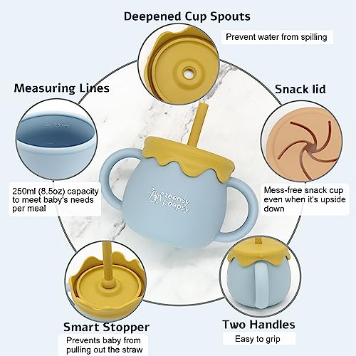 teensy peepsy Honeypot 100% Silicone Baby Training Cup, 2-in-1 Toddler Sippy Cup with Straw & Snack Cup Lid, 8.5 oz Drinking Cup for Babies 6 Months+, Toddler Smoothie Cup (Honey Jar Blue)