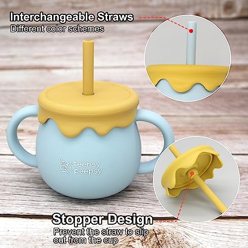 teensy peepsy Honeypot 100% Silicone Baby Training Cup, 2-in-1 Toddler Sippy Cup with Straw & Snack Cup Lid, 8.5 oz Drinking Cup for Babies 6 Months+, Toddler Smoothie Cup (Honey Jar Blue)