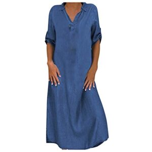 spring dresses, dressy dresses for women casual dresses 2023 dillards women's clothing dresses casual solid denim dress v-neck roll sleeve button loose long dress women's casual (l, blue)