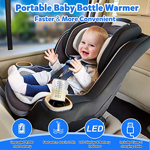 Portable Bottle Warmer, 8.8oz Travel Car Bottle Warmers On The Go for Breastmilk, 2-5 Min Fast Baby Brew Milk Bottle Traveling Warmer, 4 Precise Temperature Control, Auto Shut-Off, USB, Temp LED, USB