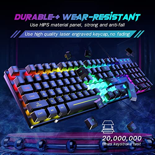 Wired Gaming Keyboard and Mouse Combo with Gaming Mouse Pad and Headset,4 in 1 Gaming Set 100% Full Size LED RGB Light up Ergonomic Gaming Bundle for Teclado Gamer/Computer PC Game/PS4/PS5/XBox Black