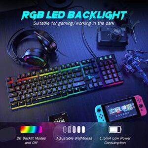 Wired Gaming Keyboard and Mouse Combo with Gaming Mouse Pad and Headset,4 in 1 Gaming Set 100% Full Size LED RGB Light up Ergonomic Gaming Bundle for Teclado Gamer/Computer PC Game/PS4/PS5/XBox Black