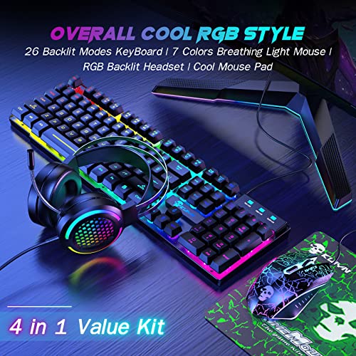 Wired Gaming Keyboard and Mouse Combo with Gaming Mouse Pad and Headset,4 in 1 Gaming Set 100% Full Size LED RGB Light up Ergonomic Gaming Bundle for Teclado Gamer/Computer PC Game/PS4/PS5/XBox Black