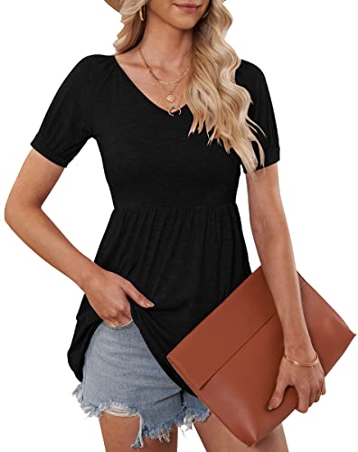 KALEEJOY Women's Casual V-neck Slim Tunics Shirts Short Sleeve Waisted Babydoll Blouse Tops for Leggings Summer Female T Shirts, Black, M