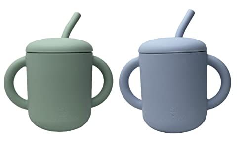 Jane and Kate - 2 Pack, 100% Food Grade Silicone Training Cup and Straw | 6 Months Plus, 5oz, 150 mL, Spill Proof (Green and Blue)