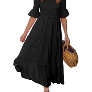 LILLUSORY Women's Black Funeral Dress 2023 Summer Trendy Casual Smocked Long Ruffle Tiered Flowy Midi Maxi Boho Dresses with Sleeves Black