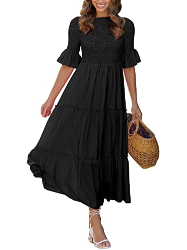 LILLUSORY Women's Black Funeral Dress 2023 Summer Trendy Casual Smocked Long Ruffle Tiered Flowy Midi Maxi Boho Dresses with Sleeves Black