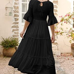 LILLUSORY Women's Black Funeral Dress 2023 Summer Trendy Casual Smocked Long Ruffle Tiered Flowy Midi Maxi Boho Dresses with Sleeves Black