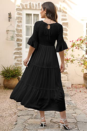 LILLUSORY Women's Black Funeral Dress 2023 Summer Trendy Casual Smocked Long Ruffle Tiered Flowy Midi Maxi Boho Dresses with Sleeves Black