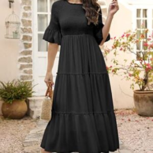 LILLUSORY Women's Black Funeral Dress 2023 Summer Trendy Casual Smocked Long Ruffle Tiered Flowy Midi Maxi Boho Dresses with Sleeves Black