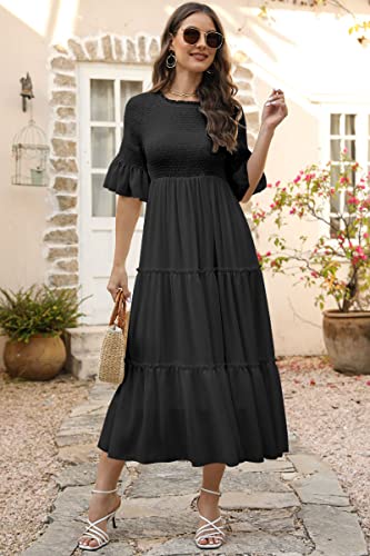 LILLUSORY Women's Black Funeral Dress 2023 Summer Trendy Casual Smocked Long Ruffle Tiered Flowy Midi Maxi Boho Dresses with Sleeves Black