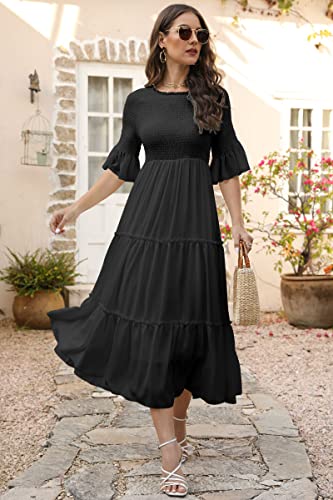 LILLUSORY Women's Black Funeral Dress 2023 Summer Trendy Casual Smocked Long Ruffle Tiered Flowy Midi Maxi Boho Dresses with Sleeves Black