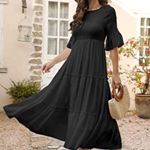 LILLUSORY Women's Black Funeral Dress 2023 Summer Trendy Casual Smocked Long Ruffle Tiered Flowy Midi Maxi Boho Dresses with Sleeves Black