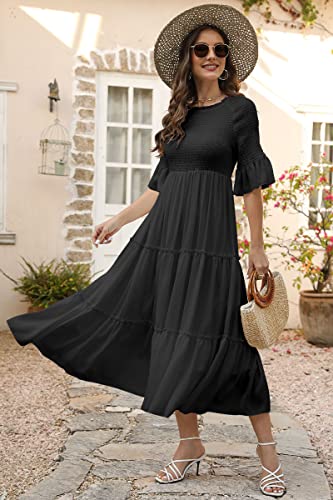 LILLUSORY Women's Black Funeral Dress 2023 Summer Trendy Casual Smocked Long Ruffle Tiered Flowy Midi Maxi Boho Dresses with Sleeves Black