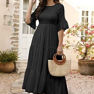 LILLUSORY Women's Black Funeral Dress 2023 Summer Trendy Casual Smocked Long Ruffle Tiered Flowy Midi Maxi Boho Dresses with Sleeves Black