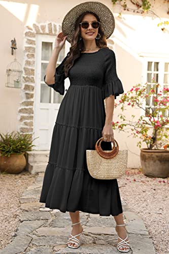 LILLUSORY Women's Black Funeral Dress 2023 Summer Trendy Casual Smocked Long Ruffle Tiered Flowy Midi Maxi Boho Dresses with Sleeves Black