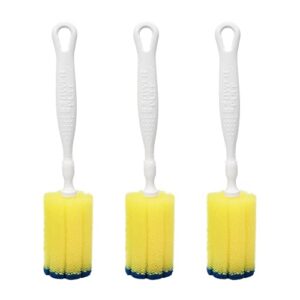 powerpuff usa made reusable baby bottle brush, cleaning sponge & scrubber — 10" long handle to scrubber — baby bottle, water bottle, tumbler, glass & dish sponge & dish scrub brush — pack of 3