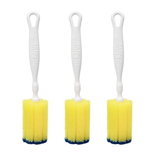 PowerPuff USA Made Reusable Baby Bottle Brush, Cleaning Sponge & Scrubber — 10" Long Handle to Scrubber — Baby Bottle, Water Bottle, Tumbler, Glass & Dish Sponge & Dish Scrub Brush — Pack of 3