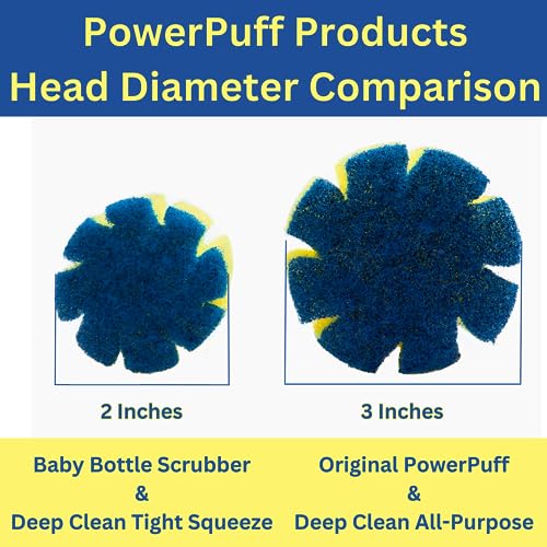 PowerPuff USA Made Reusable Baby Bottle Brush, Cleaning Sponge & Scrubber — 10" Long Handle to Scrubber — Baby Bottle, Water Bottle, Tumbler, Glass & Dish Sponge & Dish Scrub Brush — Pack of 3