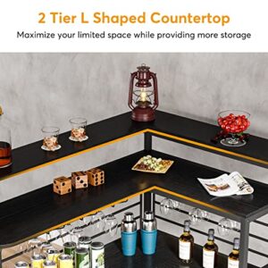 Tribesigns Home Bar Unit, 4 Tier L Shaped Liquor Bar Table with Storage, Elevated Countertop, Wine Glasses Holder, and Footrest, Corner Wine Bar Table for Party Home Kitchen Pub Living Room, Black