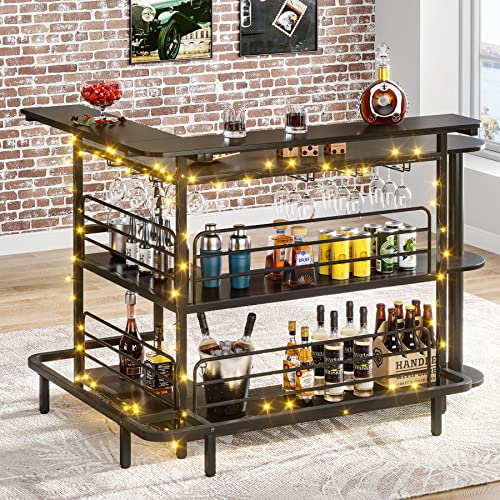 Tribesigns Home Bar Unit, 4 Tier L Shaped Liquor Bar Table with Storage, Elevated Countertop, Wine Glasses Holder, and Footrest, Corner Wine Bar Table for Party Home Kitchen Pub Living Room, Black