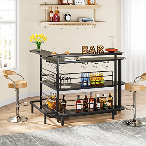 Tribesigns Home Bar Unit, 4 Tier L Shaped Liquor Bar Table with Storage, Elevated Countertop, Wine Glasses Holder, and Footrest, Corner Wine Bar Table for Party Home Kitchen Pub Living Room, Black