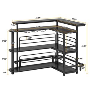 Tribesigns Home Bar Unit, 4 Tier L Shaped Liquor Bar Table with Storage, Elevated Countertop, Wine Glasses Holder, and Footrest, Corner Wine Bar Table for Party Home Kitchen Pub Living Room, Black