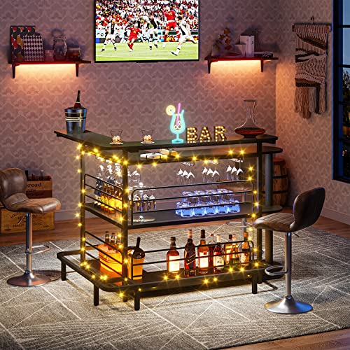 Tribesigns Home Bar Unit, 4 Tier L Shaped Liquor Bar Table with Storage, Elevated Countertop, Wine Glasses Holder, and Footrest, Corner Wine Bar Table for Party Home Kitchen Pub Living Room, Black