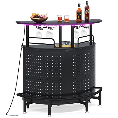 Tribesigns Smart Led Bar Table, 3-Tier Liquor Bar Unit with RGB Lights, Wine Glasses Holder and Storage Shelves, Alcohol Bar Cabinet with Mesh & Footrest Mini Bar Buffet Sideboard for Home Kitchen